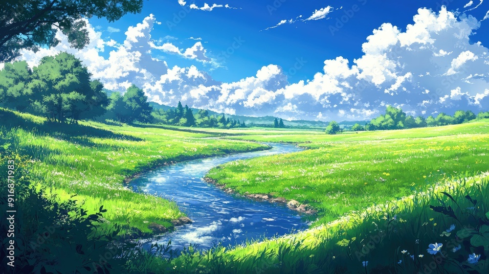 Beautiful anime background of a summer day with a sparkling stream ...