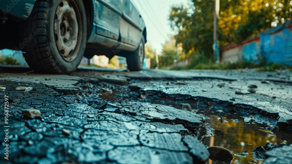 car wheels running and closed up Very bad quality street with potholes ...