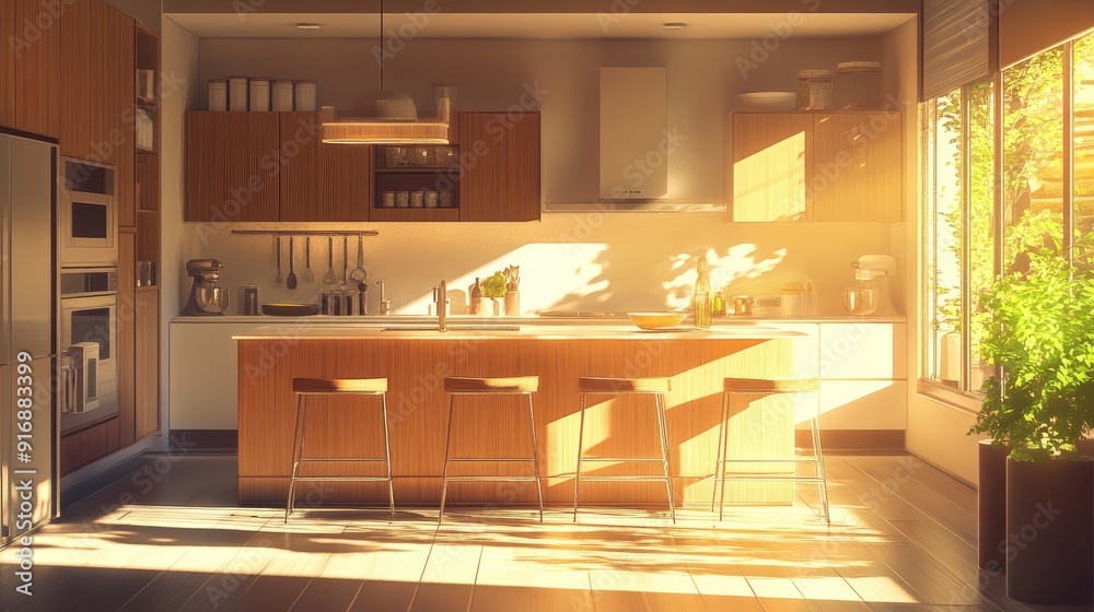 Modern anime kitchen scene with an island, bar stools, and sleek ...