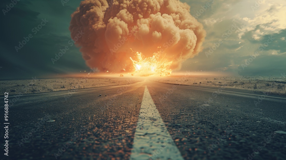 Asphalt road goes to a nuclear explosion. Terrible atomic explosion of ...