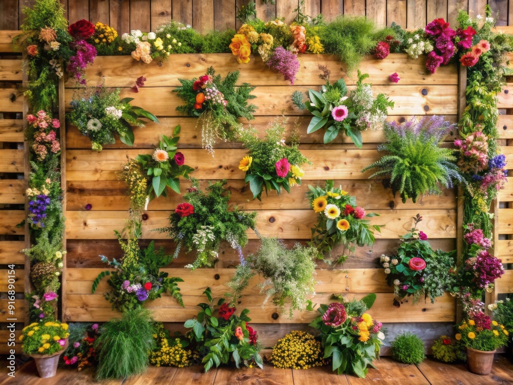 Vibrant wildflowers and lush greenery adorn a rustic wooden backdrop ...