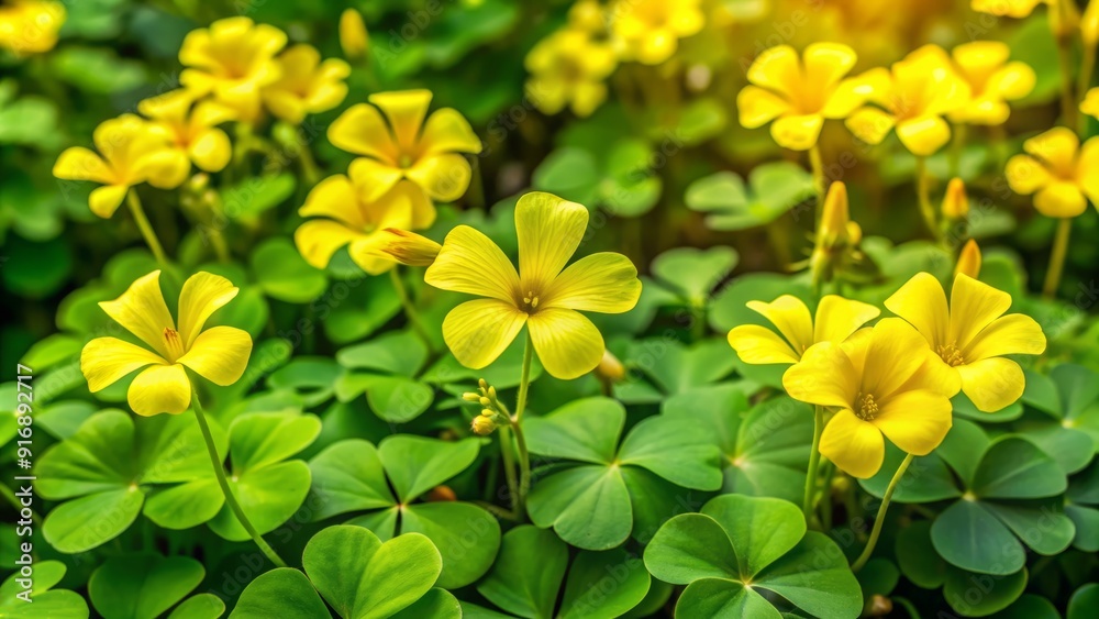 Vibrant yellow oxalis pes-caprae flowers bloom amidst lush green ...