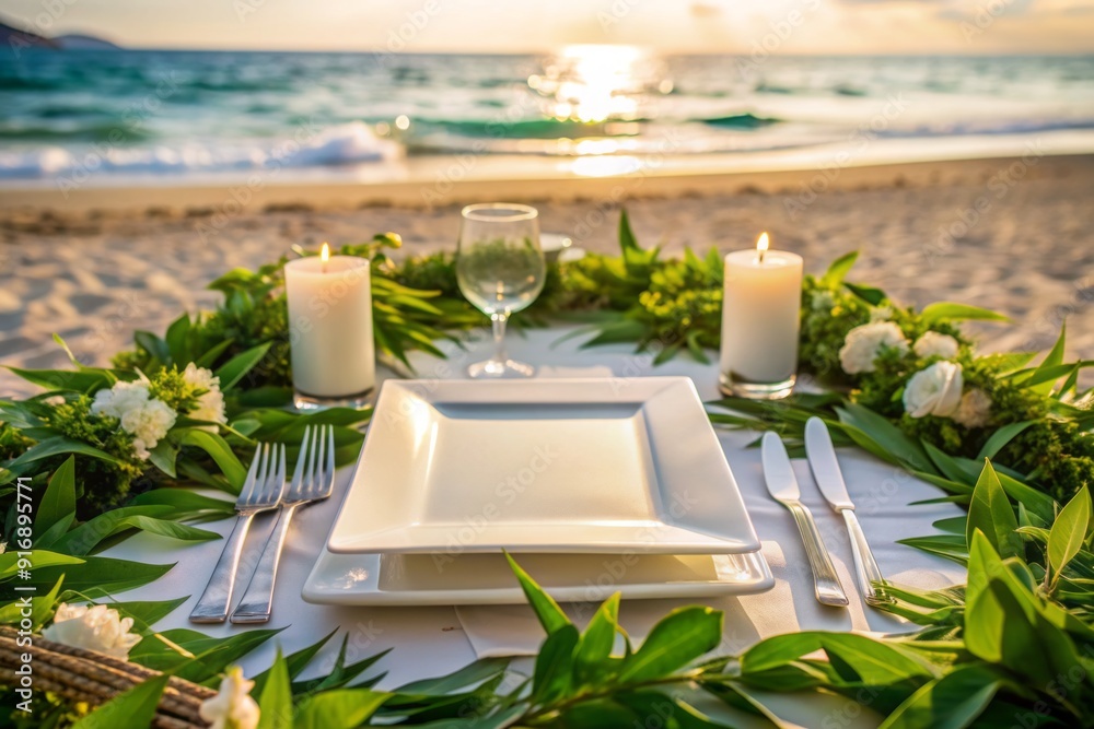 Elegant, empty, square white plates on a beach wedding tablescape ...