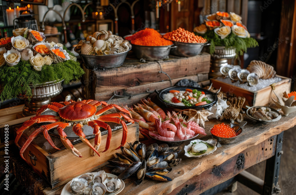 A lavish display of various types and sizes of seafood, including crabs ...