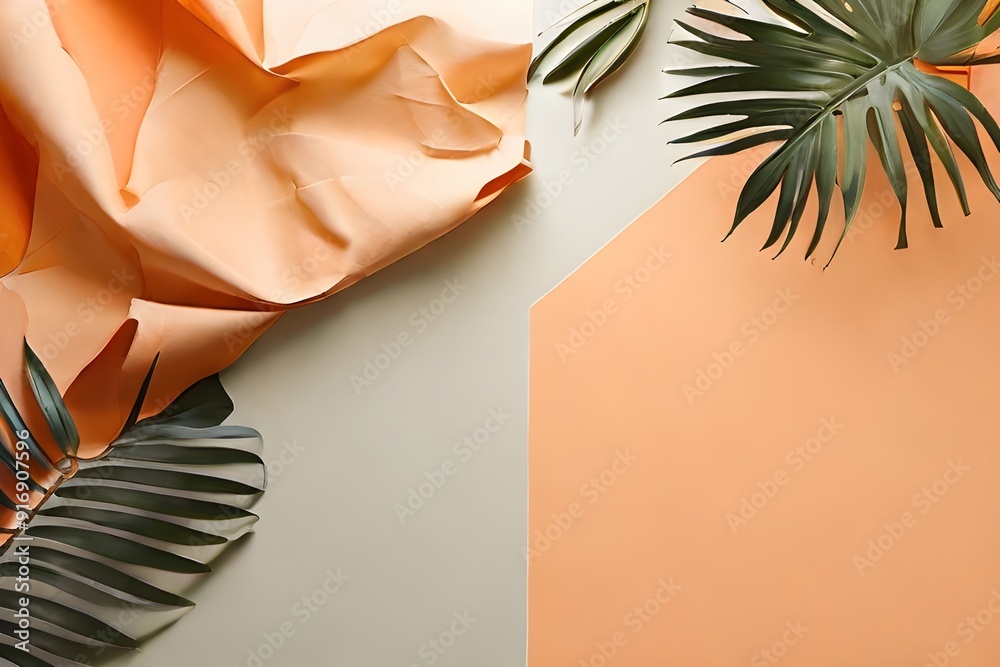 Orange and beige summer color background with tropical palm shadow Two ...