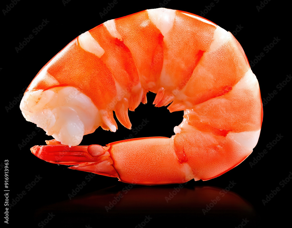 Fresh shrimp peeled isolated on black background shown from the side ...