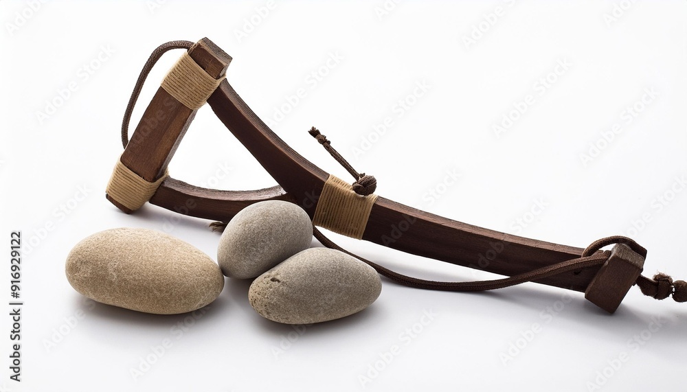 antique sling shot and stones on a white background from the story of ...