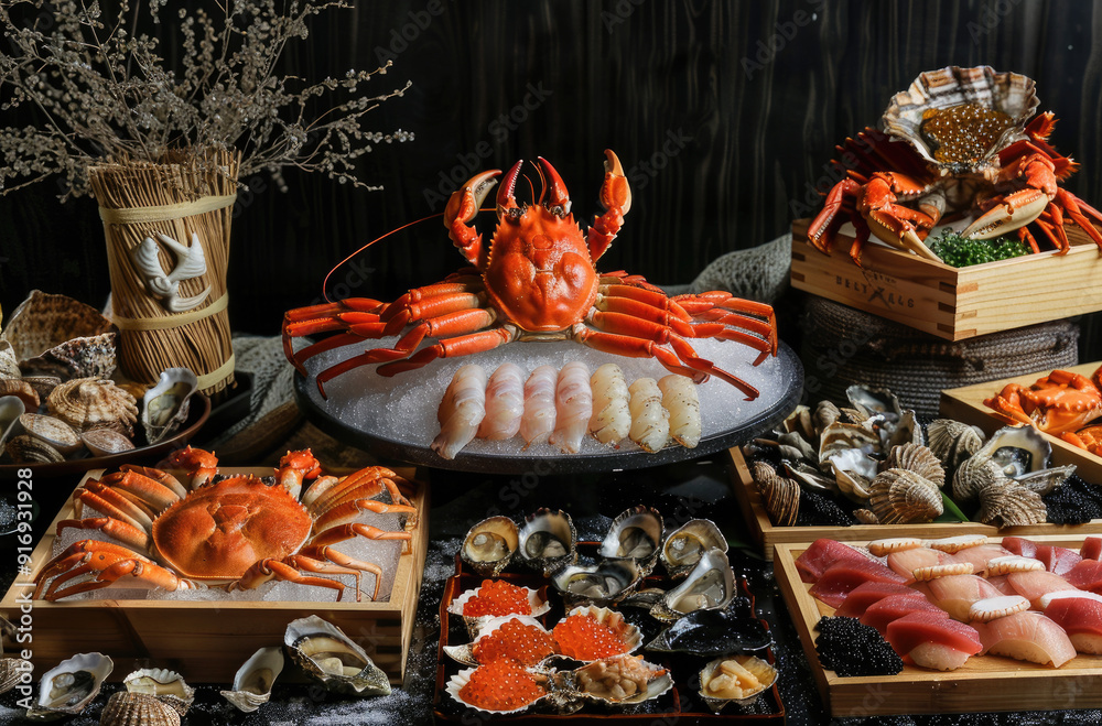 A lavish display of various types and sizes of seafood, including crabs ...