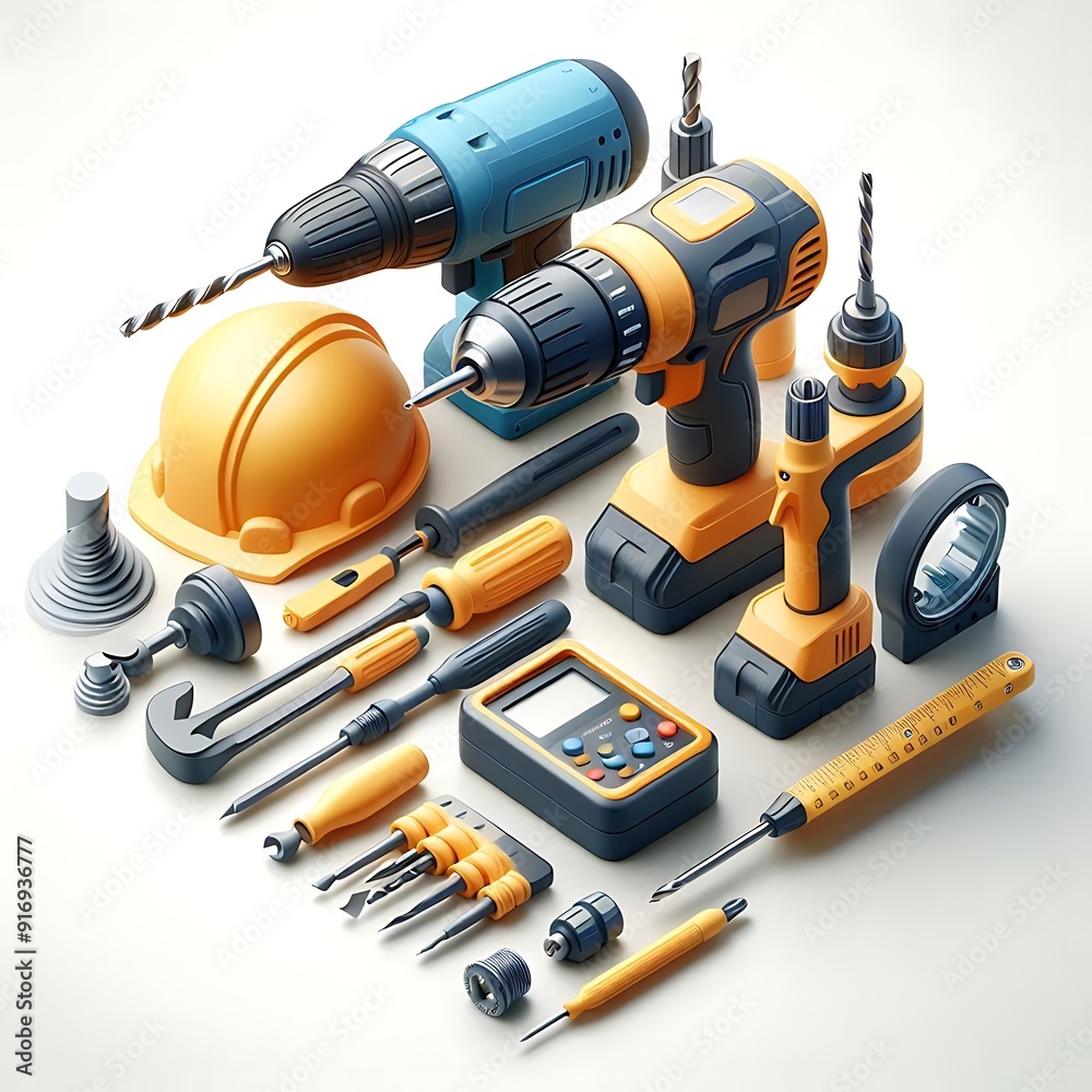 Flying view of yellow construction tools for repair and installation on ...