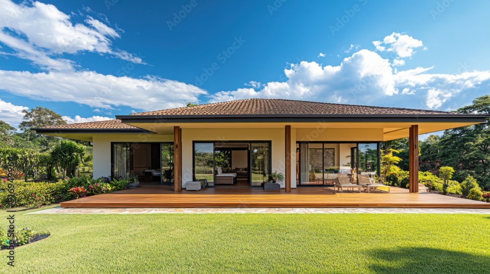 Perspective view of a modernized traditional house with a finished ...