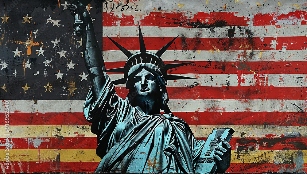 Graffiti painting of the Statue of Lady Liberty, with an American flag ...
