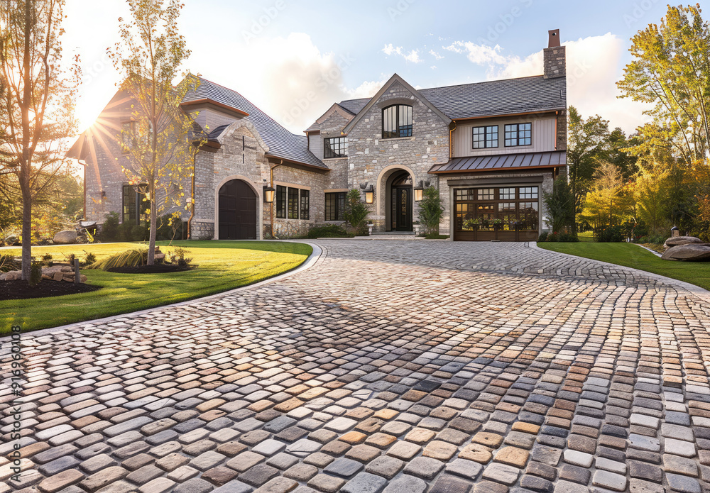 Beautiful driveway of a luxury house with perfectly laid pavers, clean ...