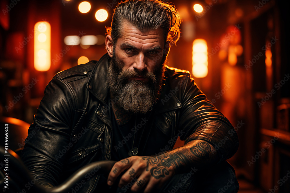 Rugged biker with full beard and tattoos in leather jacket, intense ...