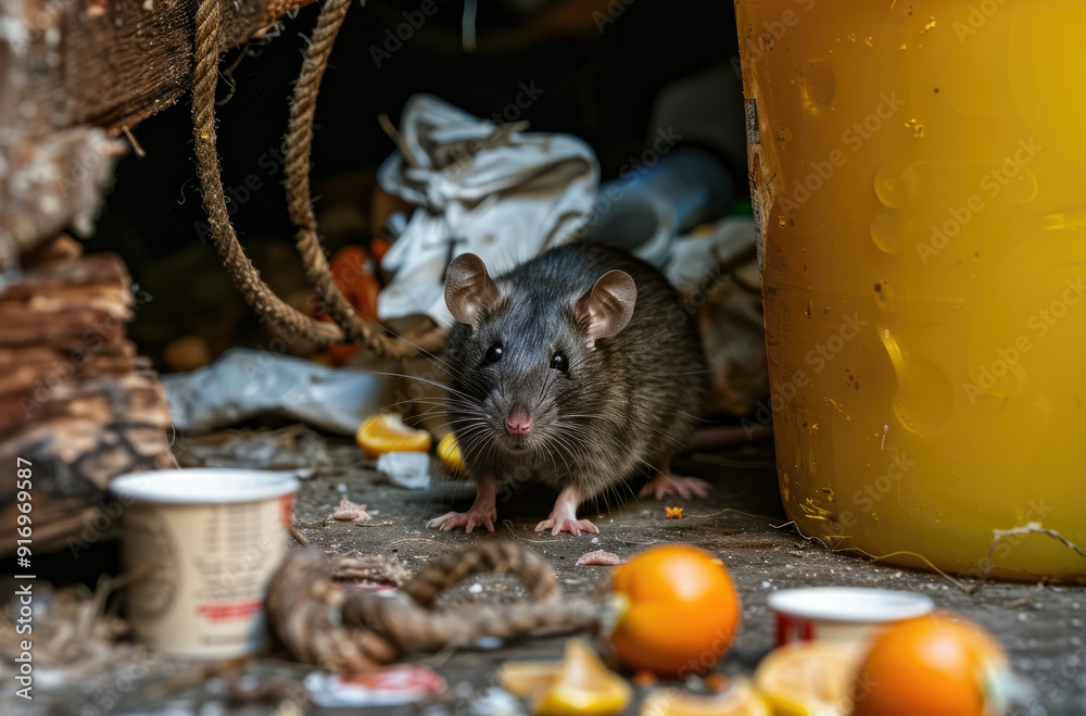 Close up of a rat inside a kitchen, surrounded by food and juice cans ...