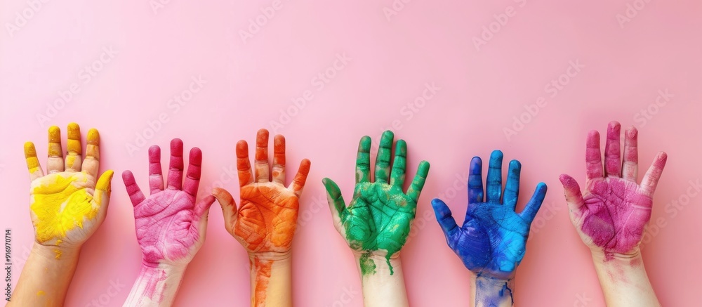 Rainbow colored palm hands on a pink backdrop symbolize tolerance ...