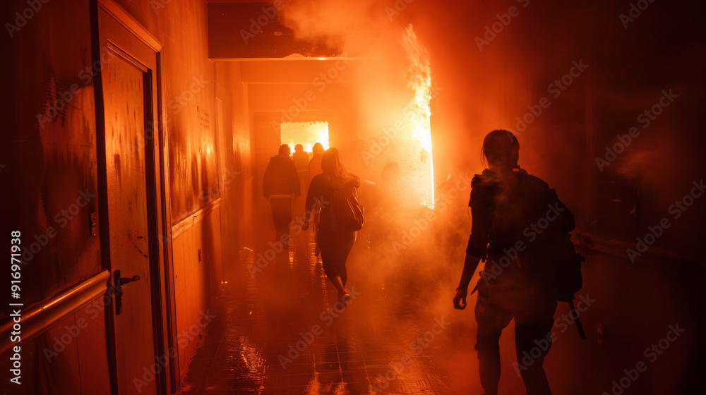 People escaping a burning building through an exit door, their path lit ...