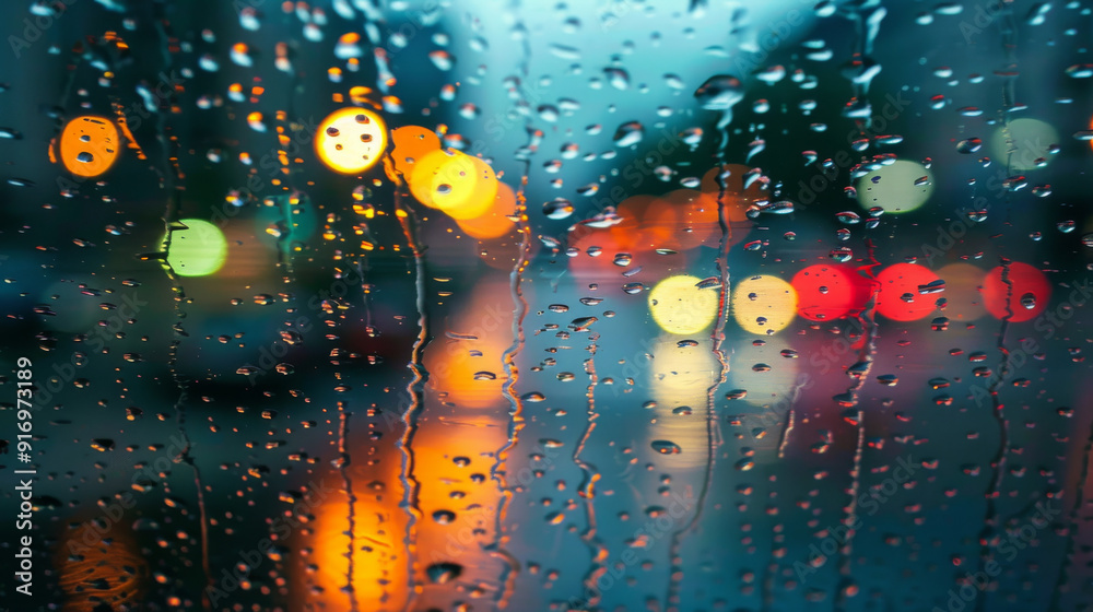 Rainy city view through a window at night. Raindrops on the window ...