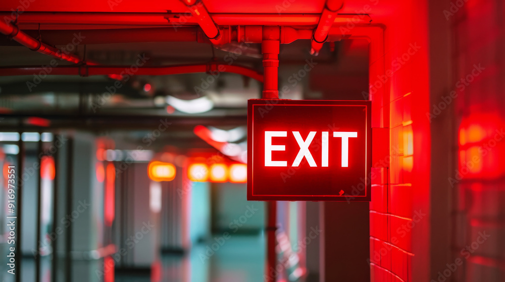 Red and white exit signs show where the emergency exit is. They are ...
