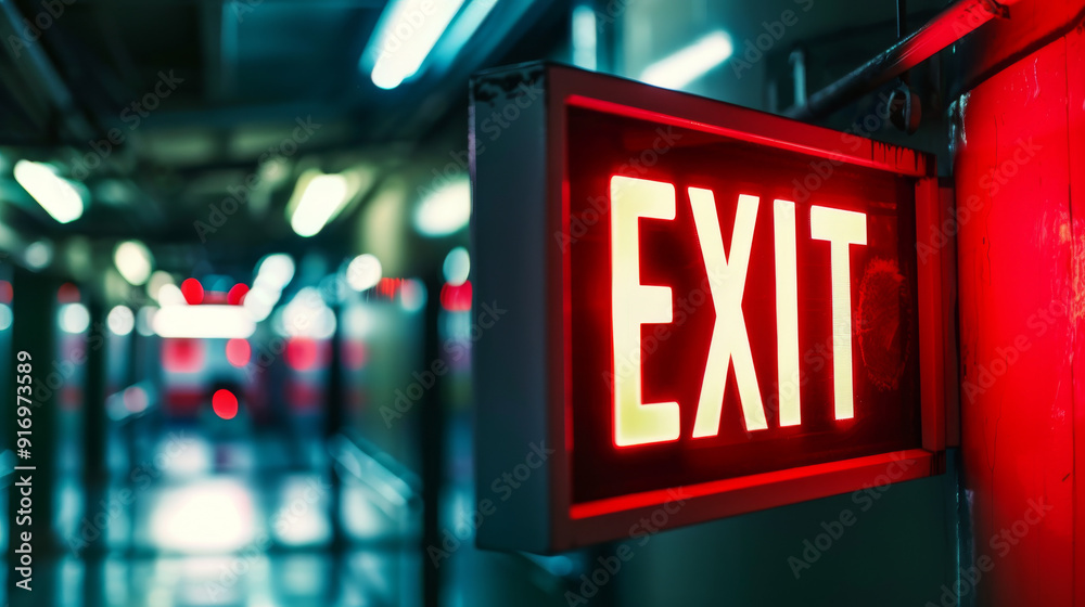 Red and white exit signs show where the emergency exit is. They are ...