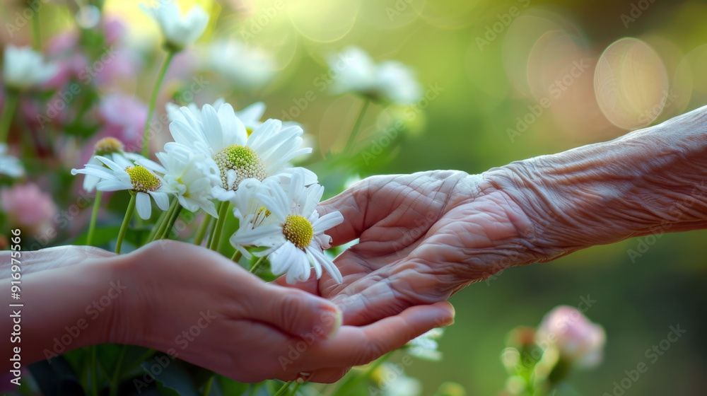 Hospice and Palliative Care Month. Patient with arthrosis holds flower ...