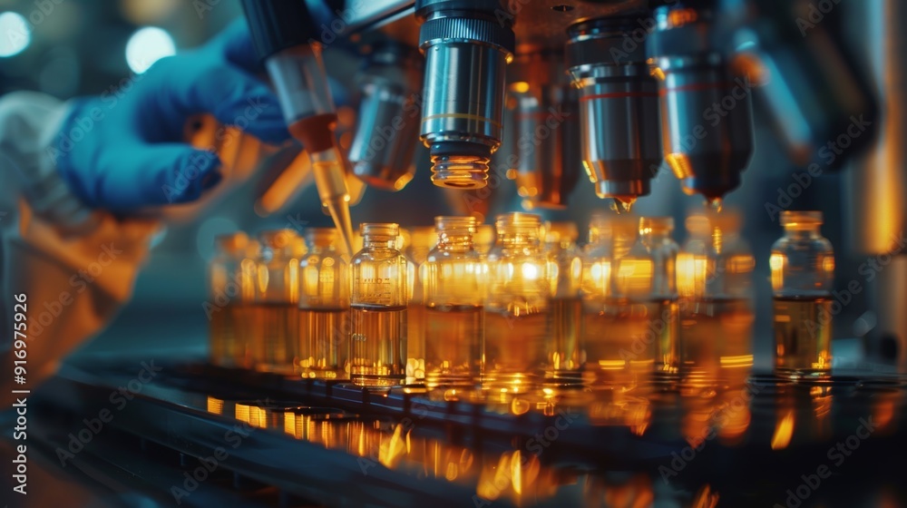 Scientist working in a modern laboratory with automated pipetting ...
