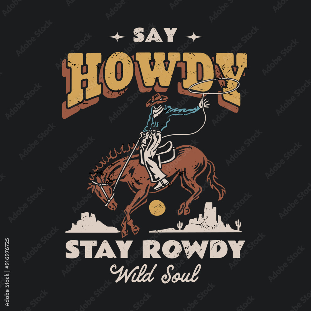 Vintage western design featuring a cowboy on a bucking horse with the ...
