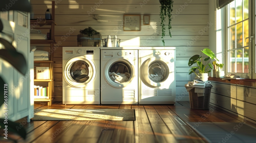 A laundry room with a washing machine and dryer stacked in a stylish ...