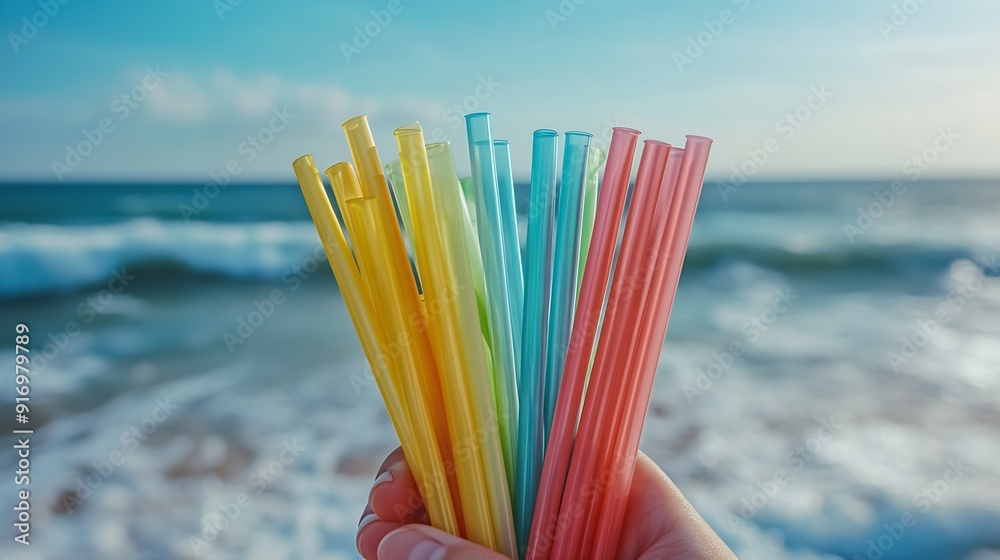 Hand holding heap of used plastic straws on background of clean beach ...