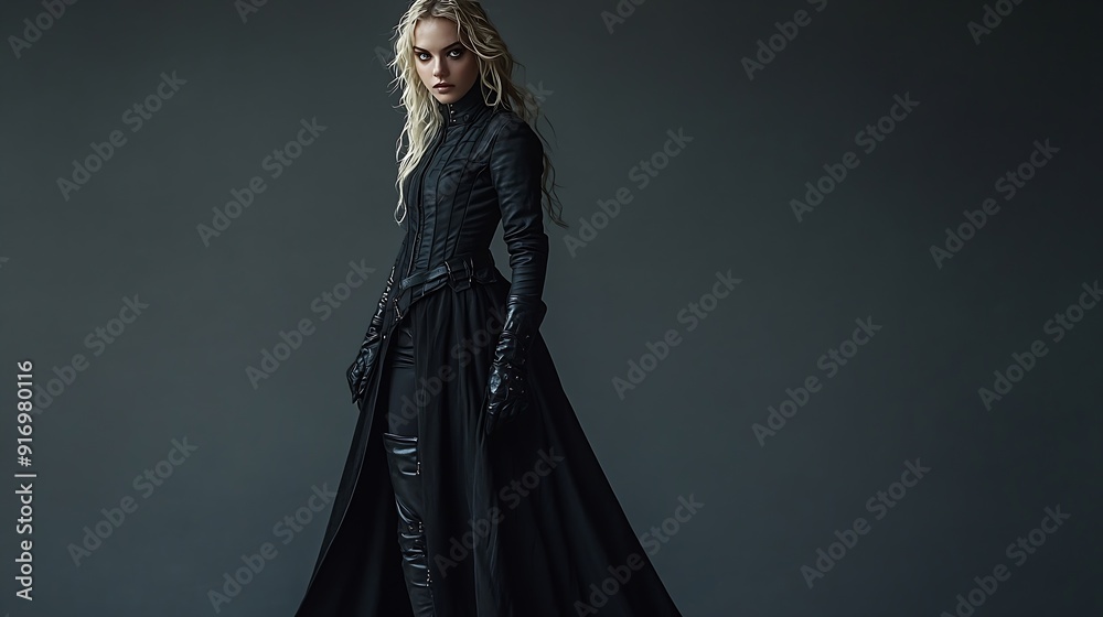 Full length portrait of beautiful girl wearing dystopian vampire hunter ...