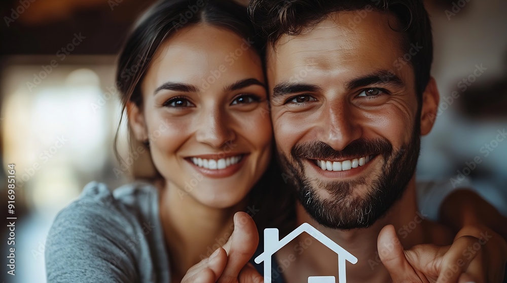 Portrait of a couple in love who have just bought a house and is moving ...