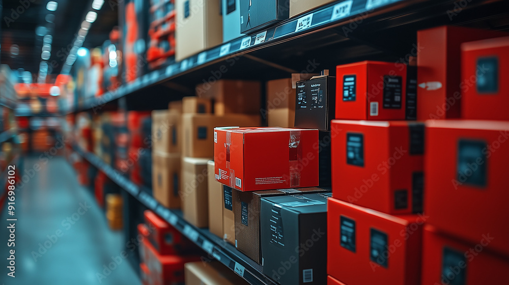 Warehouse Storage: Rows of neatly stacked boxes fill a modern warehouse ...