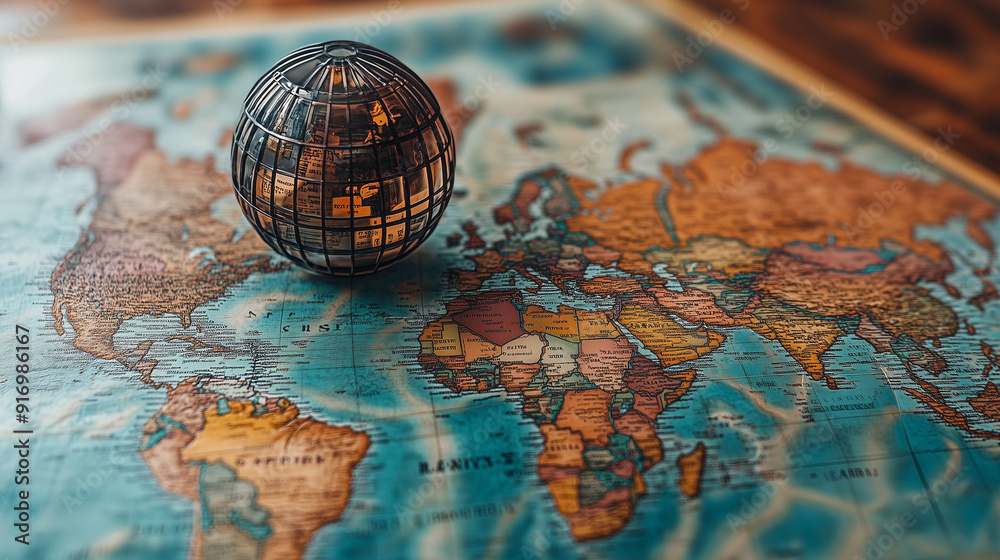 Global Exploration: A vintage globe sits atop a worn world map ...