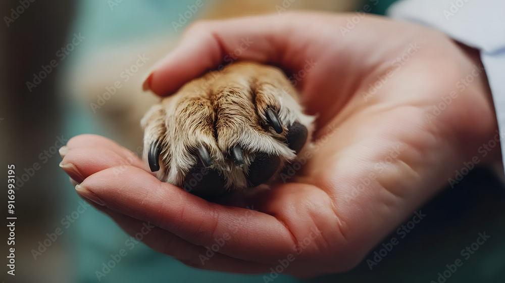 veterinarian’s hand carefully examining a dog's paw, with the dog's ...