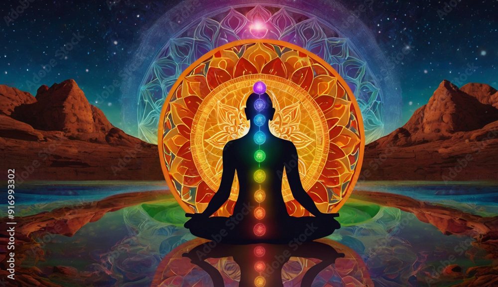 Person in a yoga pose, seven glowing chakras aligned on their body ...