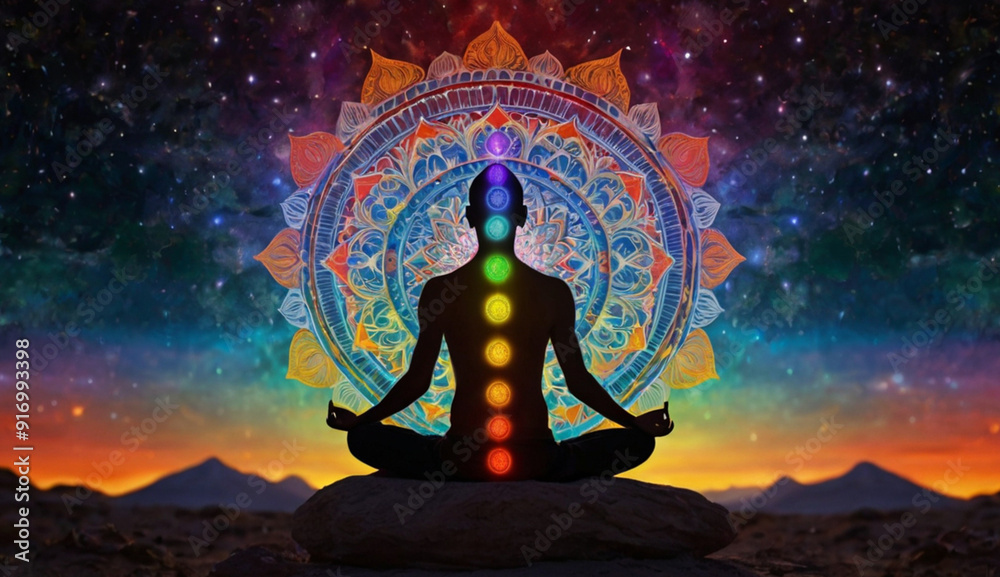 Person in a yoga pose, seven glowing chakras aligned on their body ...