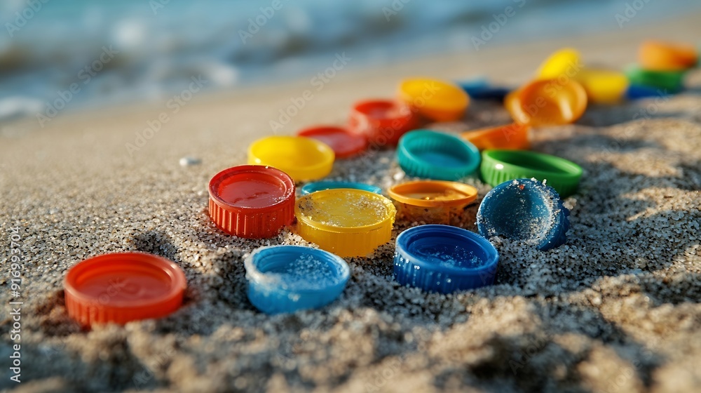 Assorted plastic bottle caps scattered on the sand at a beach in Brazil ...