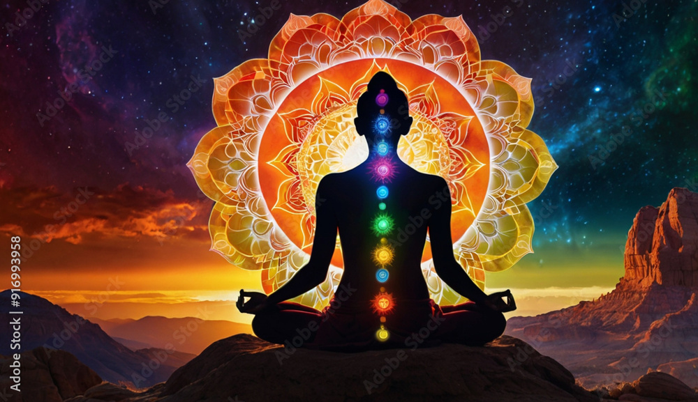 Person in a yoga pose, seven glowing chakras aligned on their body ...