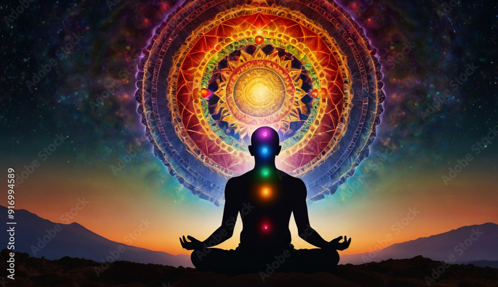 Person in a yoga pose, seven glowing chakras aligned on their body ...