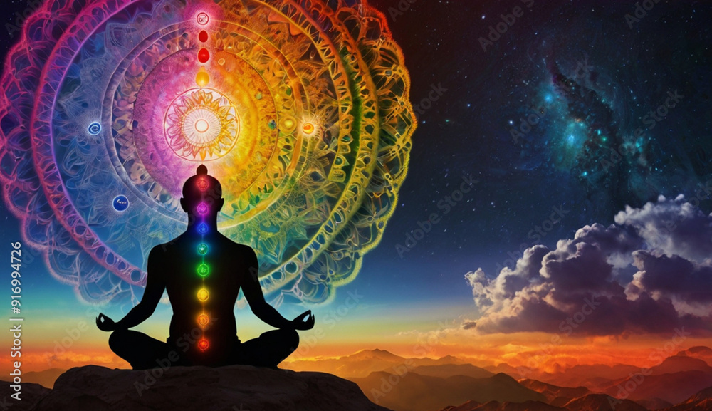 Person in a yoga pose, seven glowing chakras aligned on their body ...