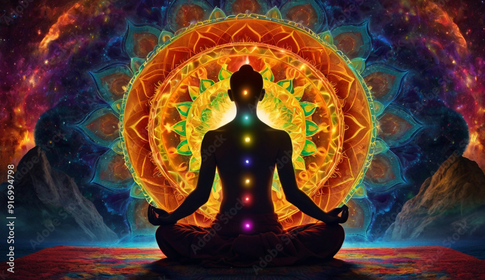 Person in a yoga pose, seven glowing chakras aligned on their body ...