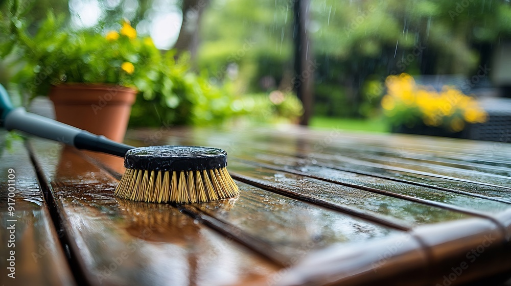 Cleaning patio furniture by hand with brush Spring cleaning household ...