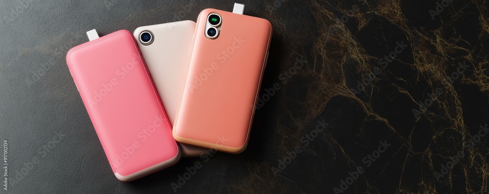 Three pastel pink phone cases on a wooden background. Stock 일러스트레이션 ...