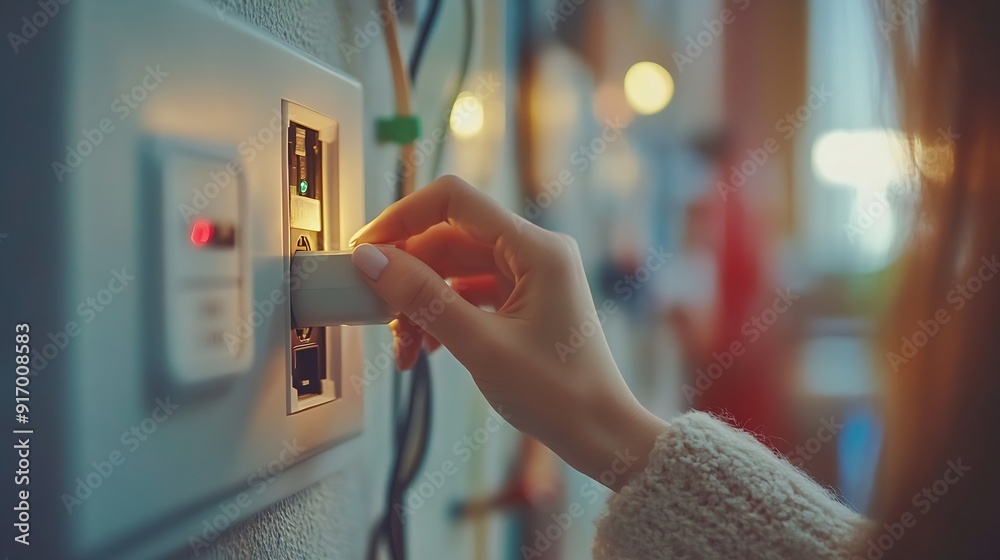 Close up woman hand put on or remove Electric plug cable in socket ...