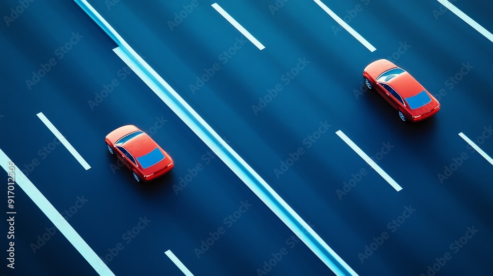 Two red cars drive on a highway, seen from above. The cars are in ...