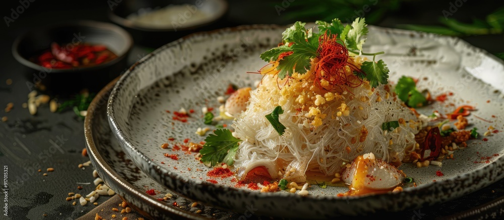 Indonesian dish of Buras topped with salted fish floss shown in a copy ...