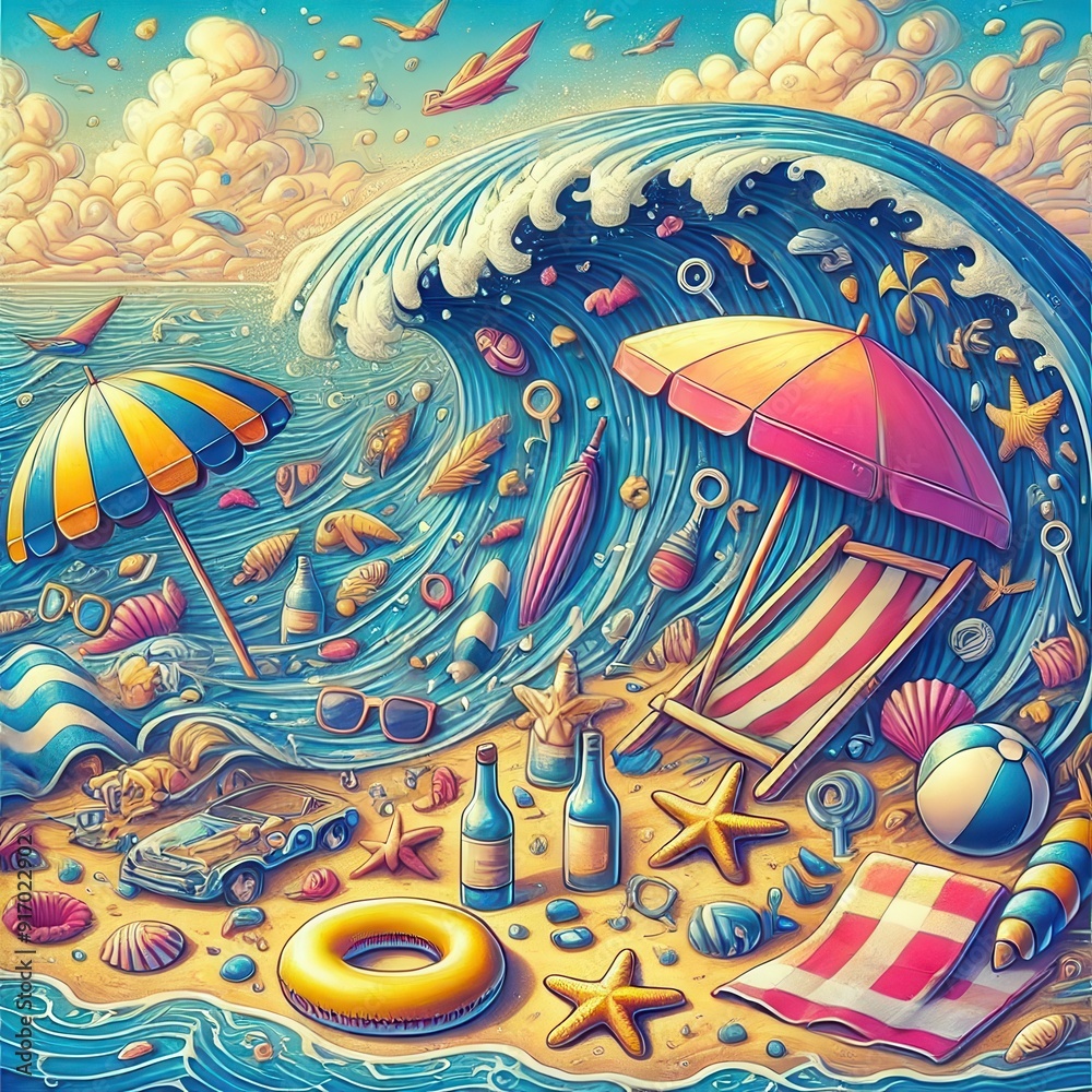 Vibrant digital artwork of a beach scene with hidden objects and beach ...
