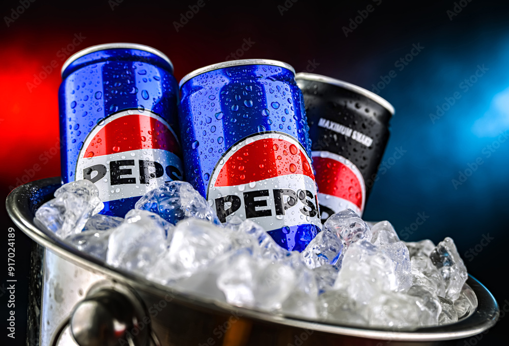 Cans of Pepsi, soft drink produced and manufactured by PepsiCo Stock ...