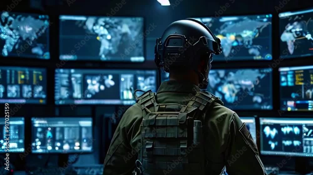 A soldier in a tactical vest sits in front of multiple computer screens ...