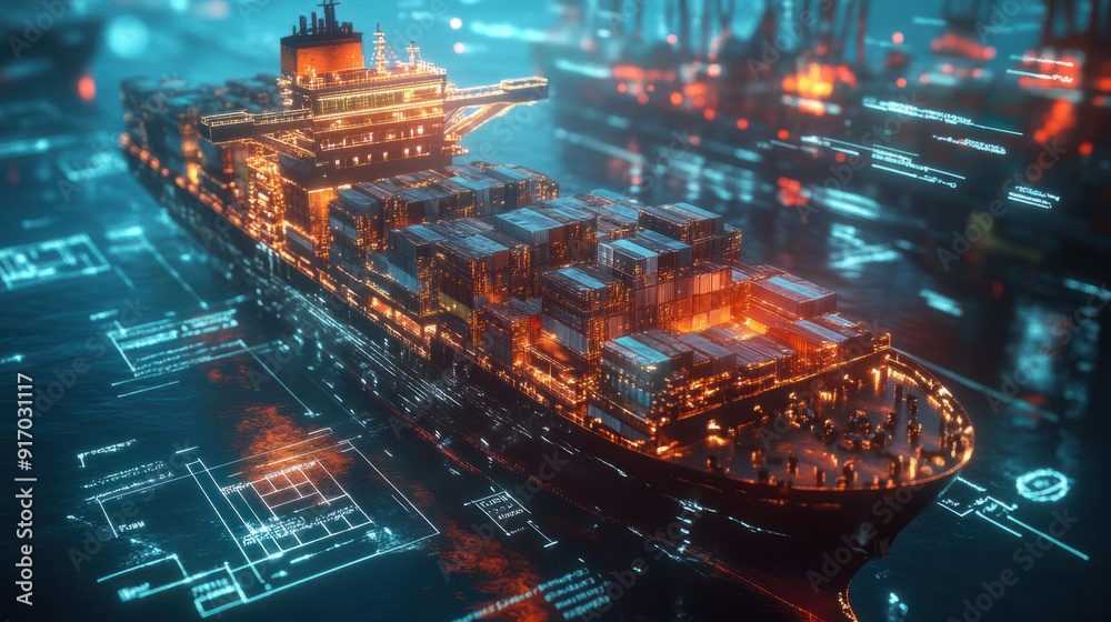 Blockchain Integration, A dynamic holographic cargo ship showcases ...