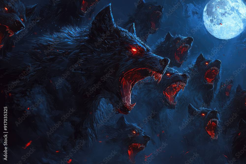 A pack of ferocious werewolves with glowing red eyes howls menacingly ...